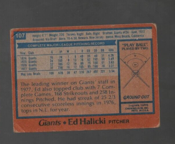 1978 Topps Baseball Ed Halicki San Francisco Giants card #107 Good | eBay