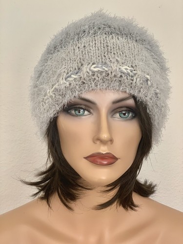 Hand Knits 2 Love Slouch Beanie Hat Cap Misty Silver Beads Mohair Style ...