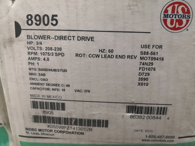 US Motors 8905 5.6" Direct Drive Blower Motor 208-230v 3/4 HP 1075 RPM ...