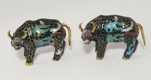 Set Of 2 Vintage Cloisonne Water Buffalo Ox Oxen Animal Figurines ...