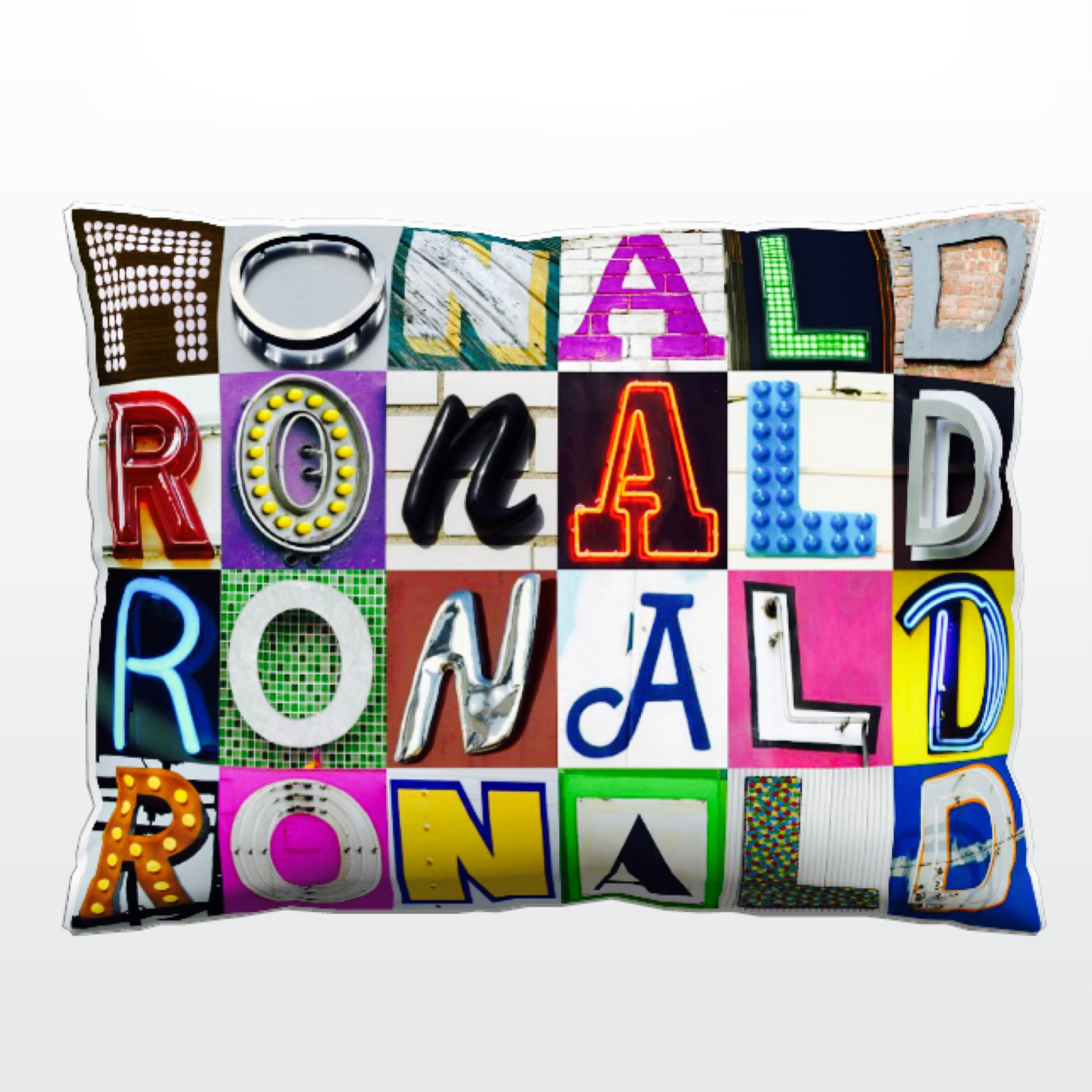 Personalized Pillow featuring the name RONALD in photos of sign letters ...