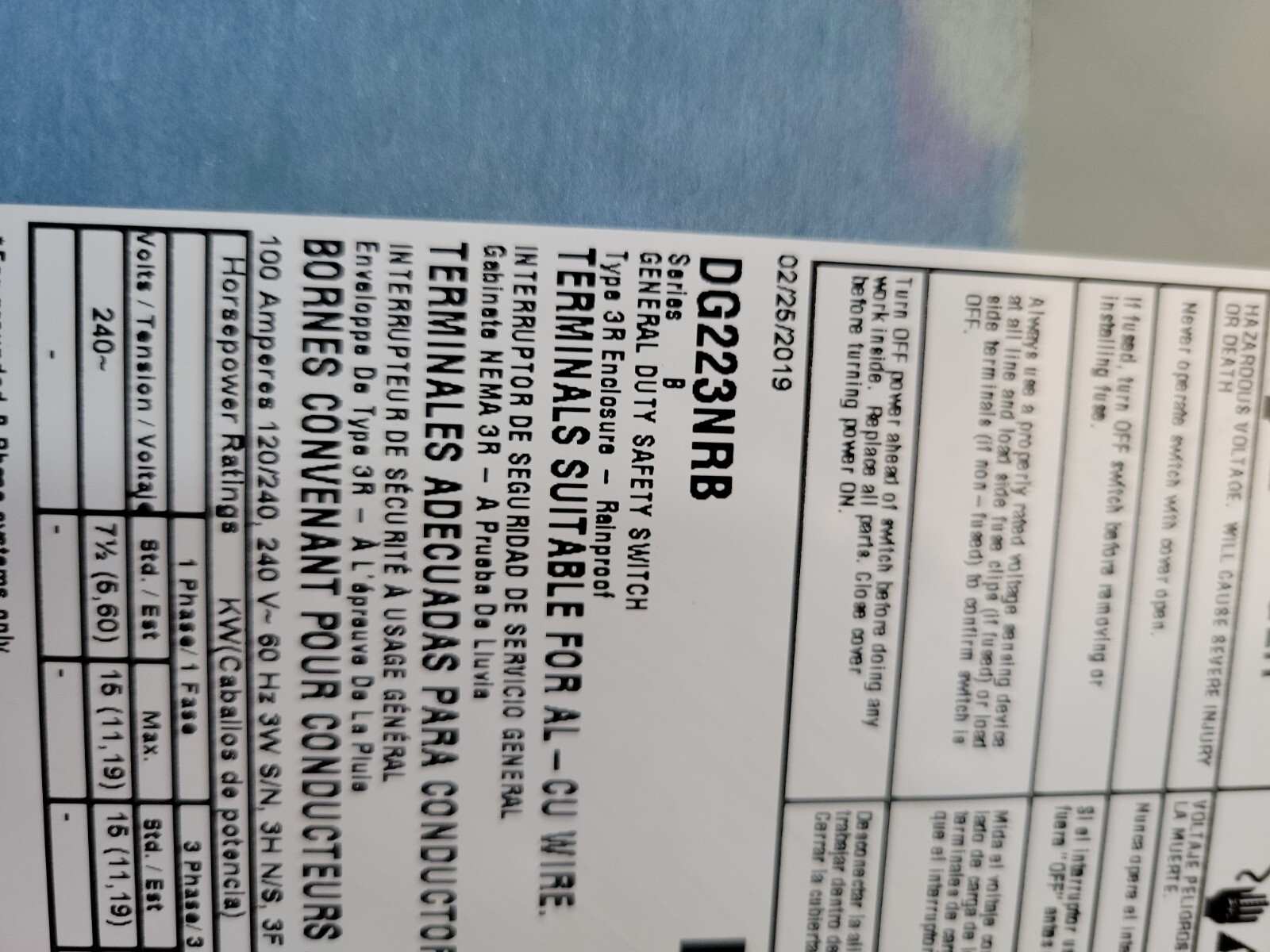 1 EATON DG223NRB 100 AMP 240 VOLT SINGLE PHASE OUTDOOR FUSED DISCONNECT ...