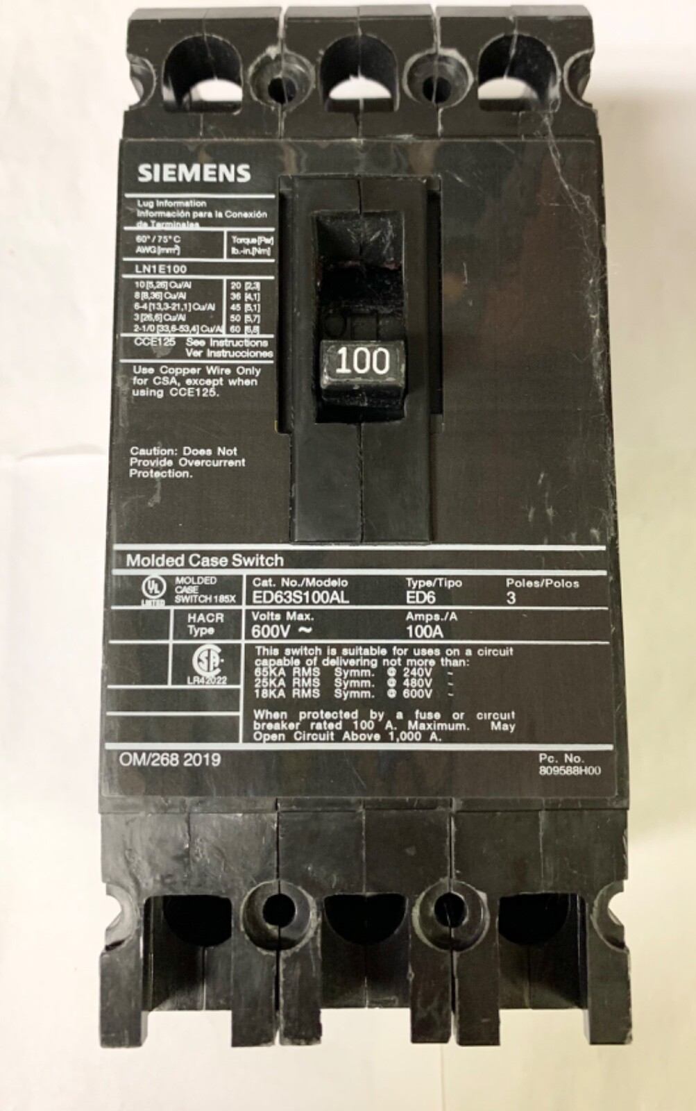 SIEMENS SENTRON ED63S100AL 3 Pole 100 AMP Type ED6 Molded Case Switch ...