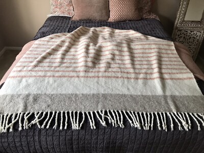 Threshold Throw Blanket Brand New Acrylic White w/ Peach & Gray Striped ...