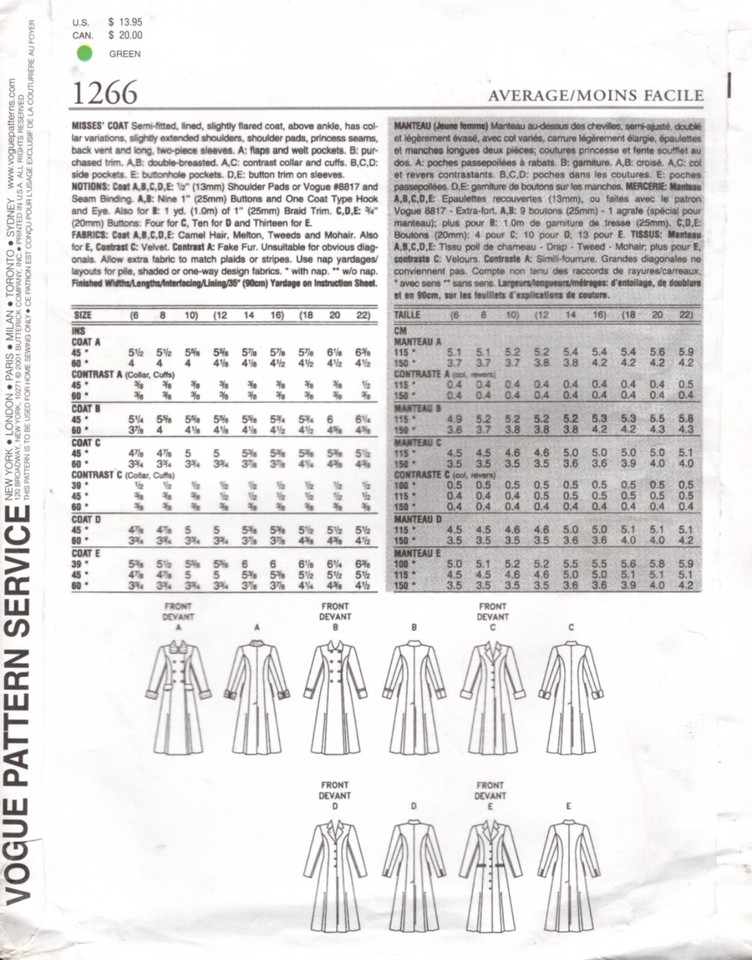 Misses Long Coat Vogue Sewing Pattern 1266 Sizes 6 8 10 Vogue Basic ...