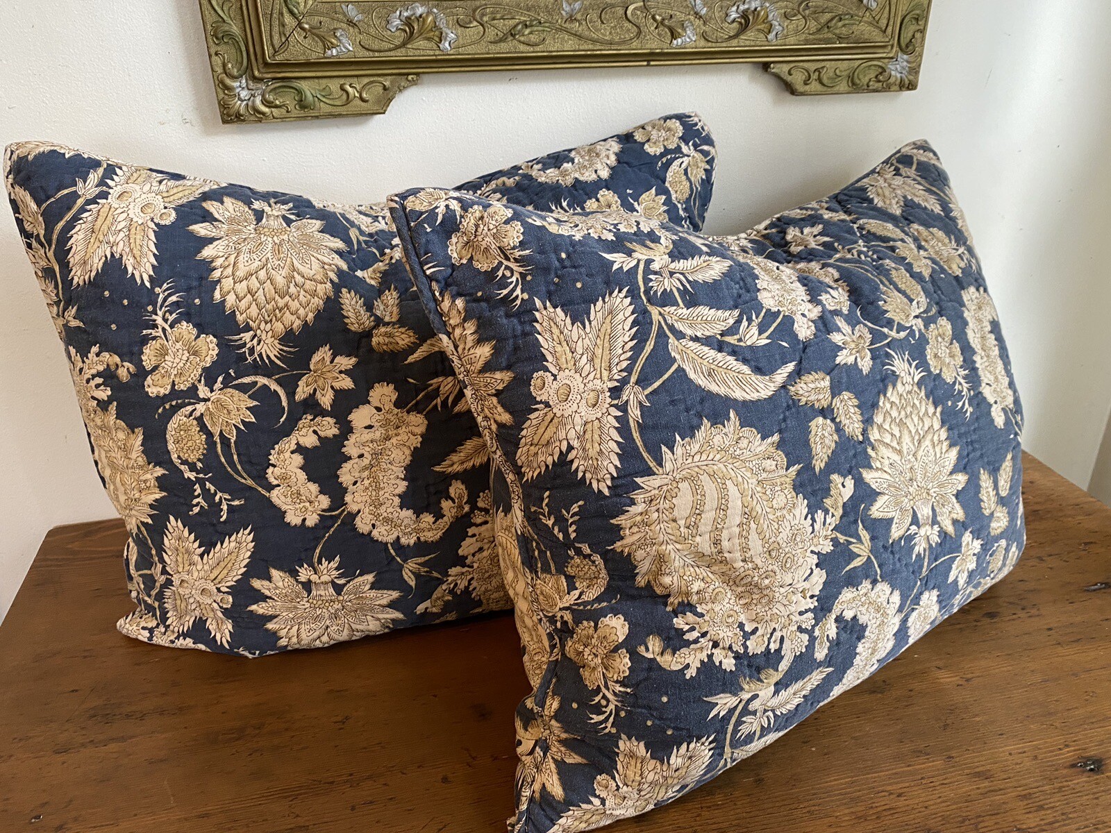 Pottery Barn Floral Pillow Shams Wells Blue Cotton Linen Quilted Set of ...