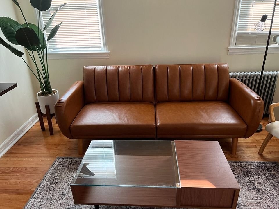 Mid-Century Modern Faux Leather Convertible Futon Sofa Bed Couch ...