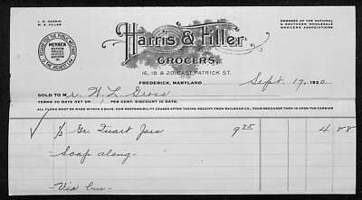 Harris & Filler Grocers Frederick, MD 1920 Billhead Scarce Gross Quart ...