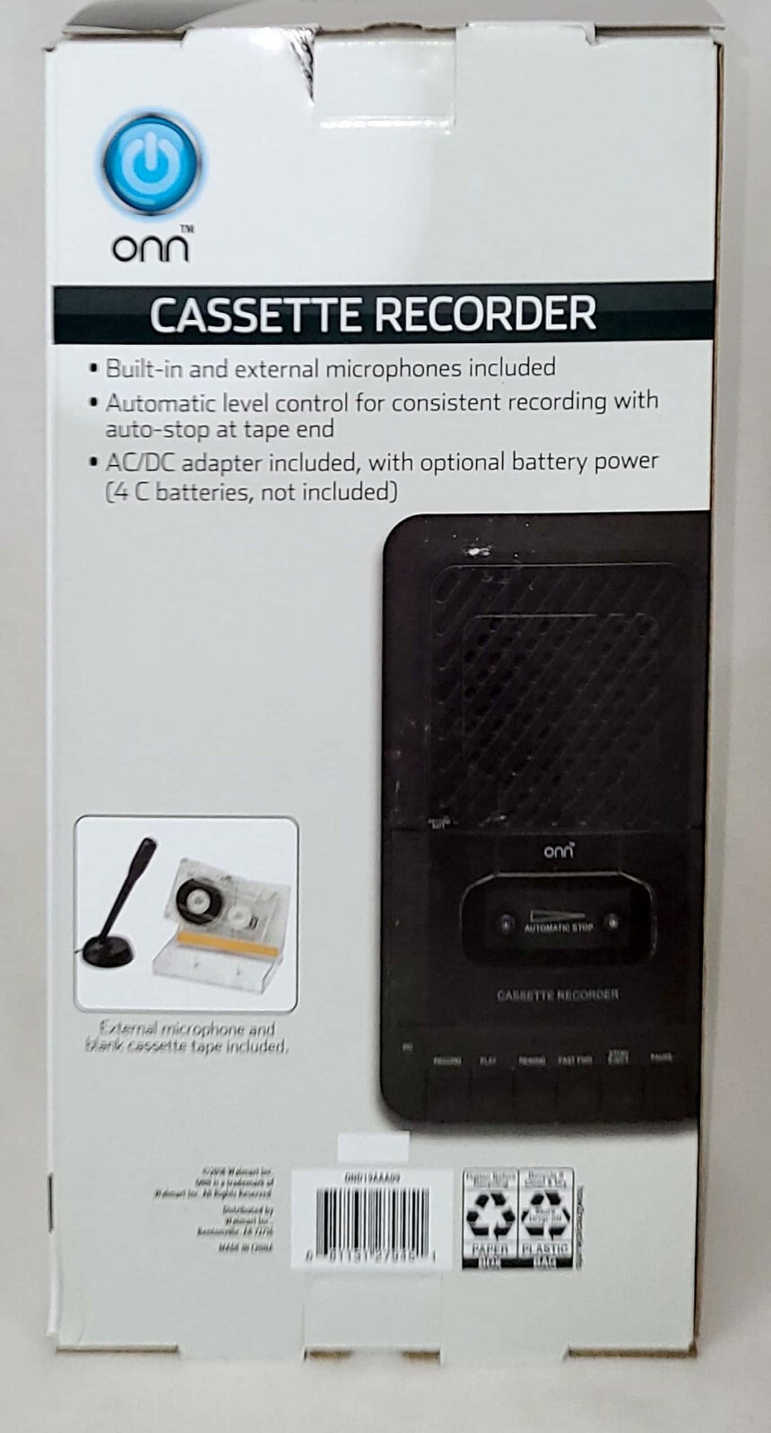 ONN Desktop Cassette Recorder with External Microphone & Blank Cassette ...