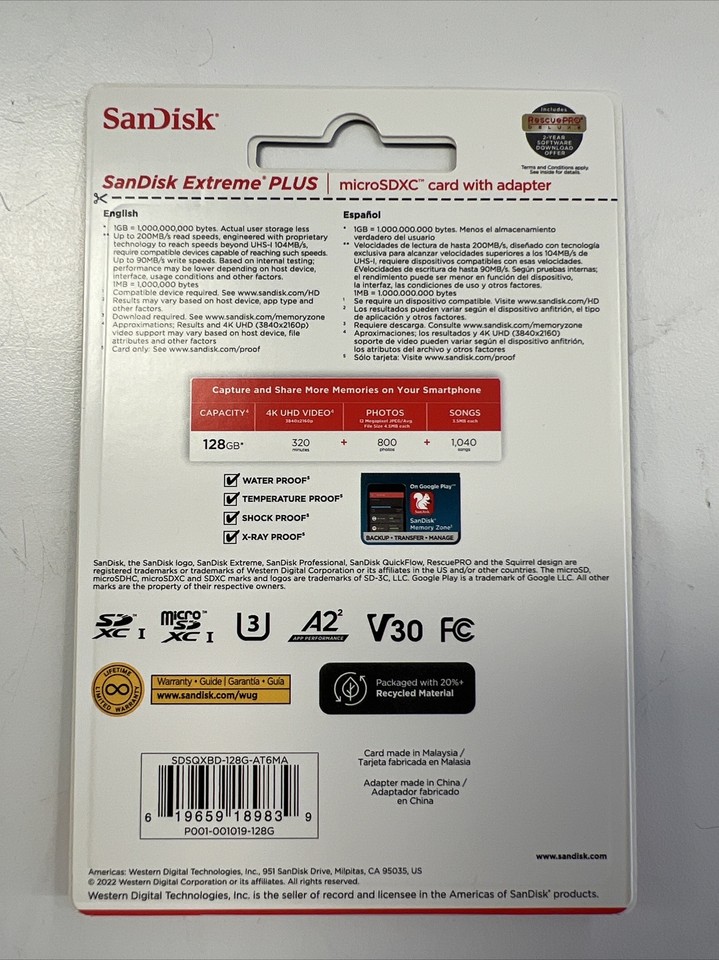 SanDisk Extreme PLUS 128GB microSD Brand New Sealed ...
