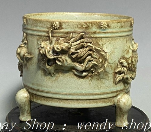 Old Chinese Dynasty Ru Kiln Porcelain Relief 3 Leg Dragon Incense ...