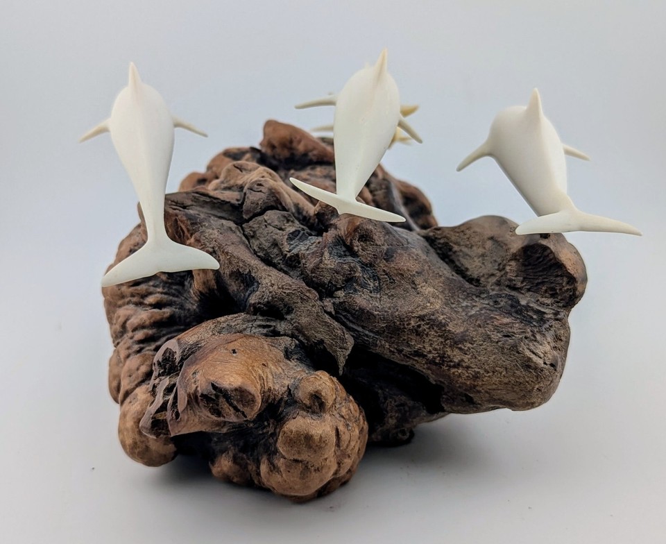 John Perry Dolphin Pod Sculpture on polished Burl Wood base, 4 adults ...