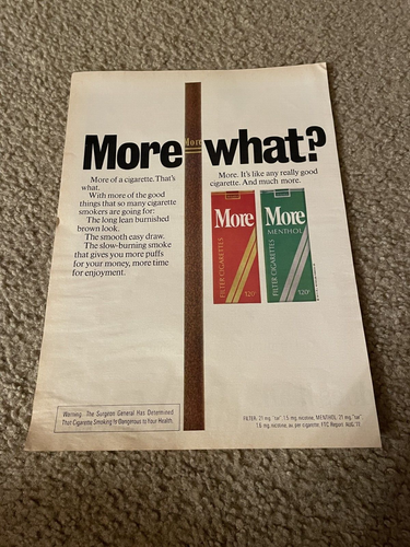 Vintage 1977 MORE FLTER CIGARETTES MENTHOL 120s PACK DARK PRINT AD ...