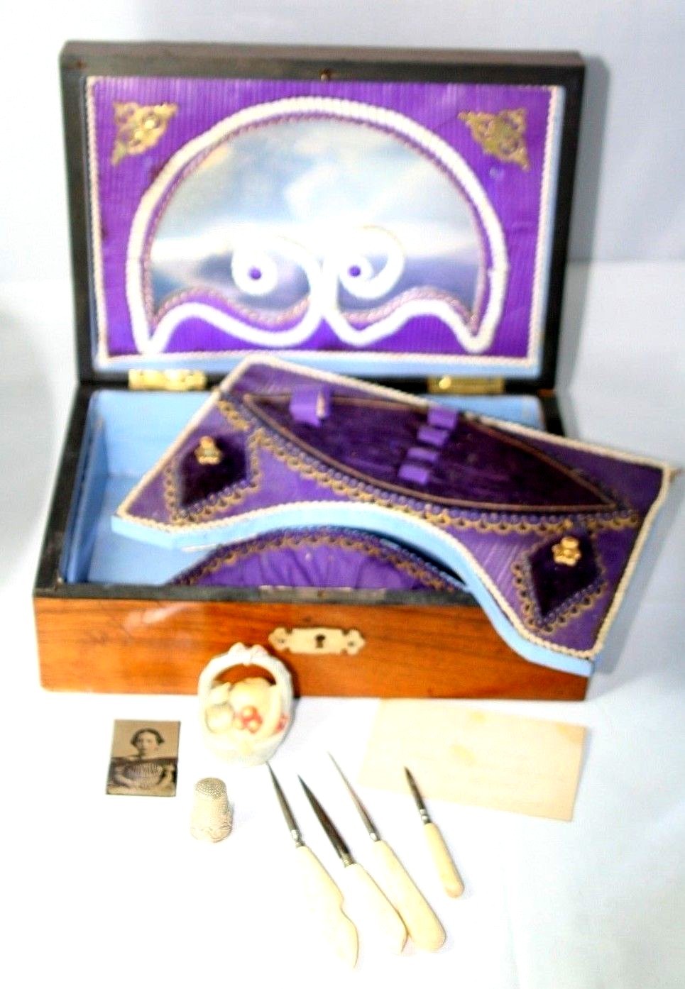 FRENCH BISTRO sewing ETUI BOX c1860 ANTIQUE; ORIGINAL Photo of owner ...