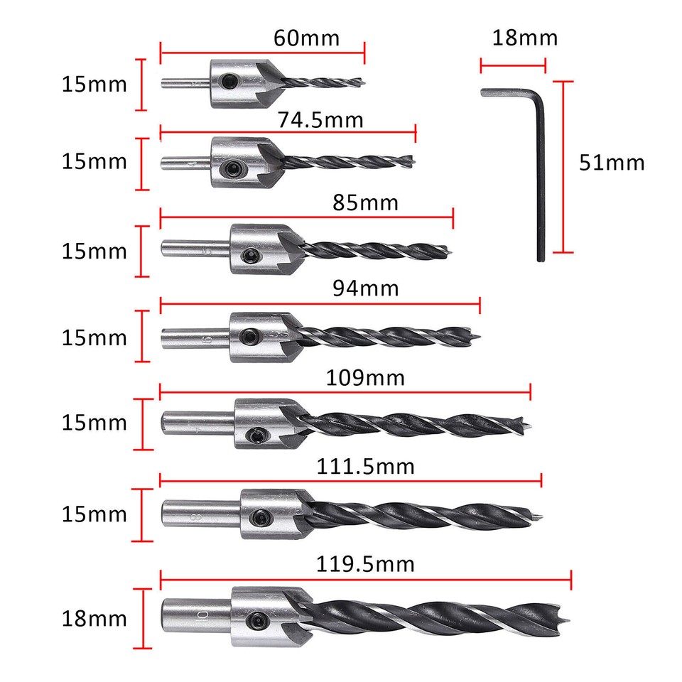 7Pcs HSS Wood Plug Cutter Countersink Drill Bit Set Woodworking Chamfer ...