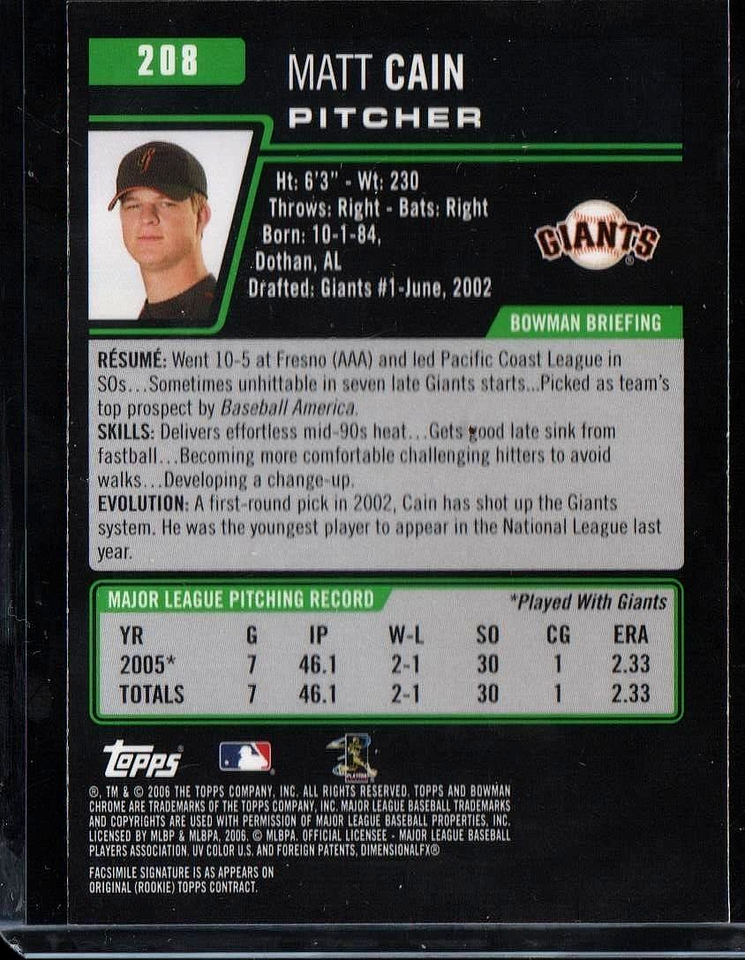 Matt Cain (Giants) 2006 Bowman Chrome Rookie Card # 208 Mint+ | eBay