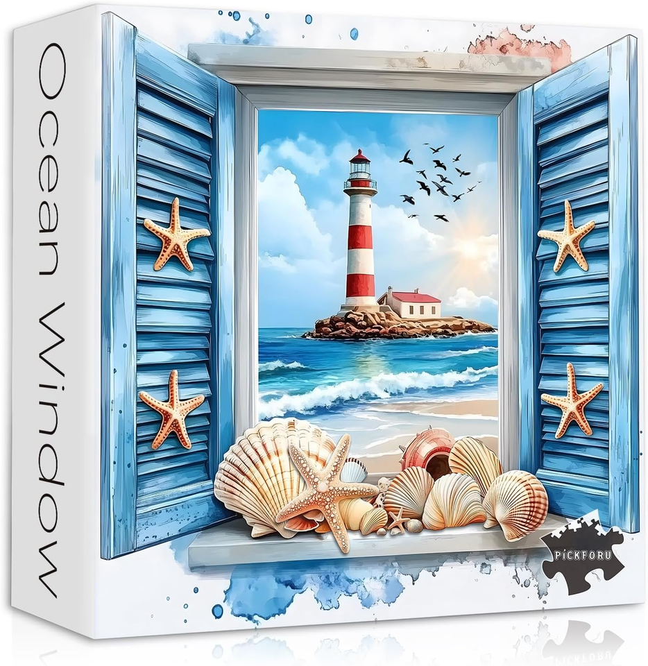 Beach Puzzles for Adults 1000 Pieces, 3D Window Art Lighthouse Puzzles ...