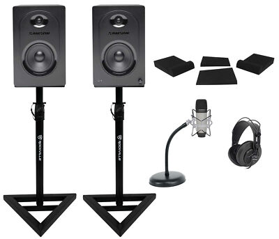 Pair Samson M50 5" Active Studio Monitors+Stands+Pads+Headphones+Mic ...