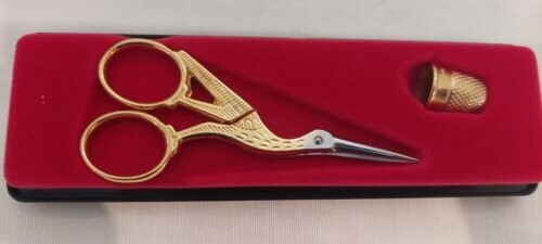 ROBERT KLAAS HANDMADE 3-1/2" GOLD PLATED STORK SCISSORS & THIMBLE ...