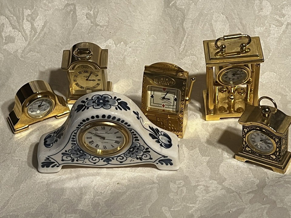 Vtg 5 Brass Miniature Desk Clocks Quartz Movement And Delft Clock ...