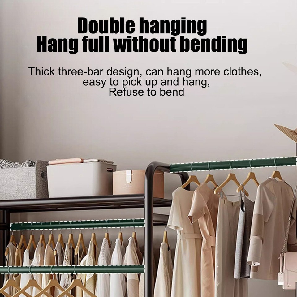 Heavy Duty Double Clothes Rail Rack Garment Hanging Stand Open Wardrobe ...