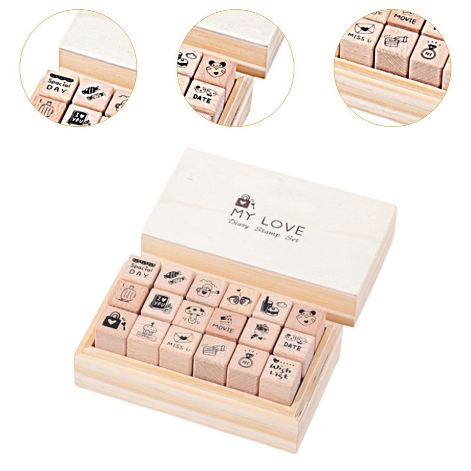 18Pcs Diary Stamp Set Wooden Rubber Stamps Crafts with Storage Box ...