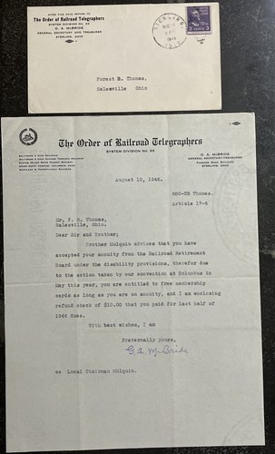 1946 The Order Of Railroad Telegraphers Sterling Ohio Letter RE Dues W ...