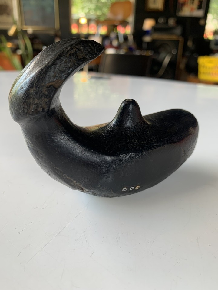 Chumash Killer Whale Stone Effigy Steatite w/ Carved mouth, Shell Inlay ...