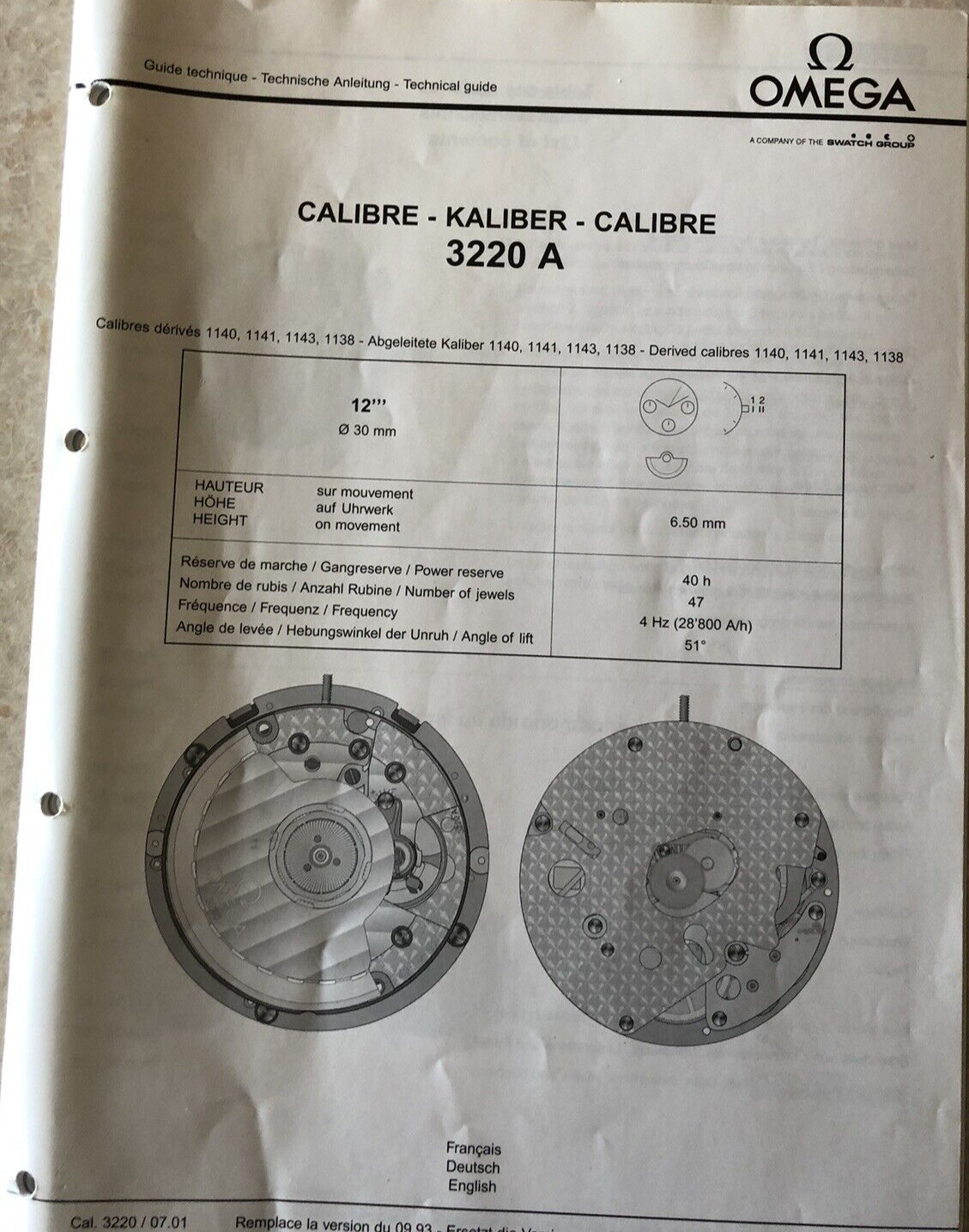Omega Technical Guide and parts list for Cal 3220 A q… - Gem