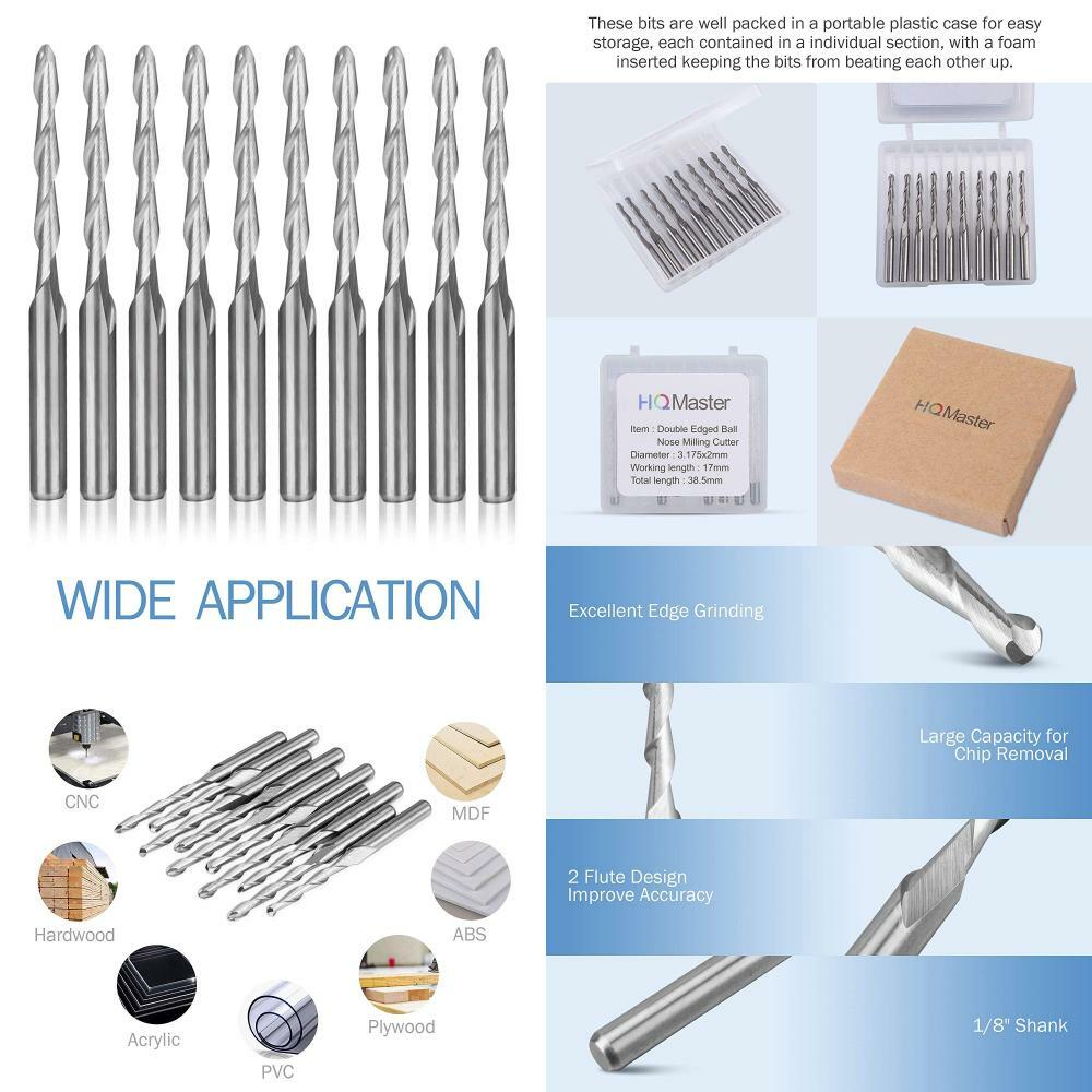 HQMaster CNC Router Bit 1/8” Shank Ball Nose End Mill 2mm Cutting Dia ...