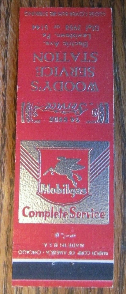 WOODY'S MOBIL GAS STATION MATCHBOOK MATCHCOVER: LEWISTOWN, PENNSYLVANIA ...