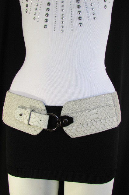 Women Black White Beige Elastic Fashion Belt Snake Skin Wide Faux ...