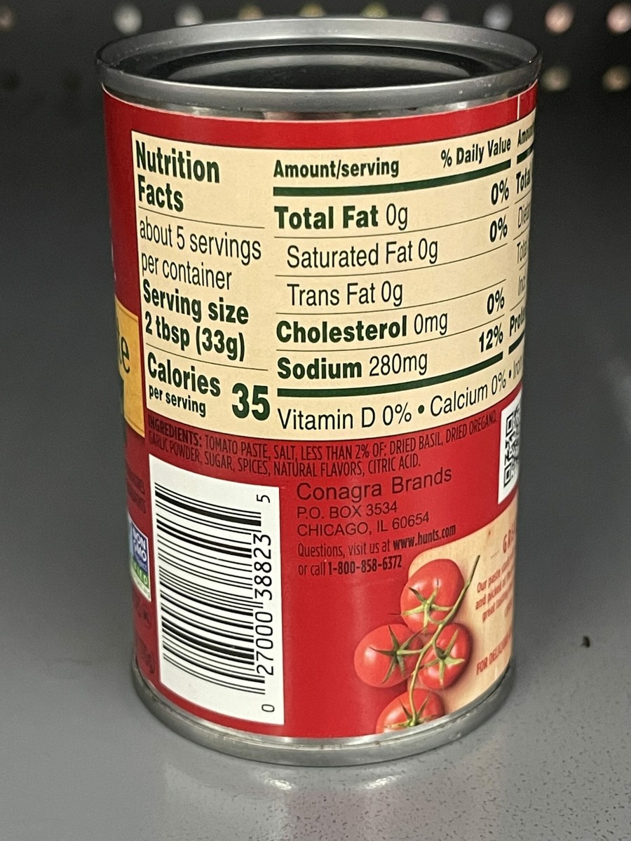 Hunts Tomato Sauce Nutrition Label