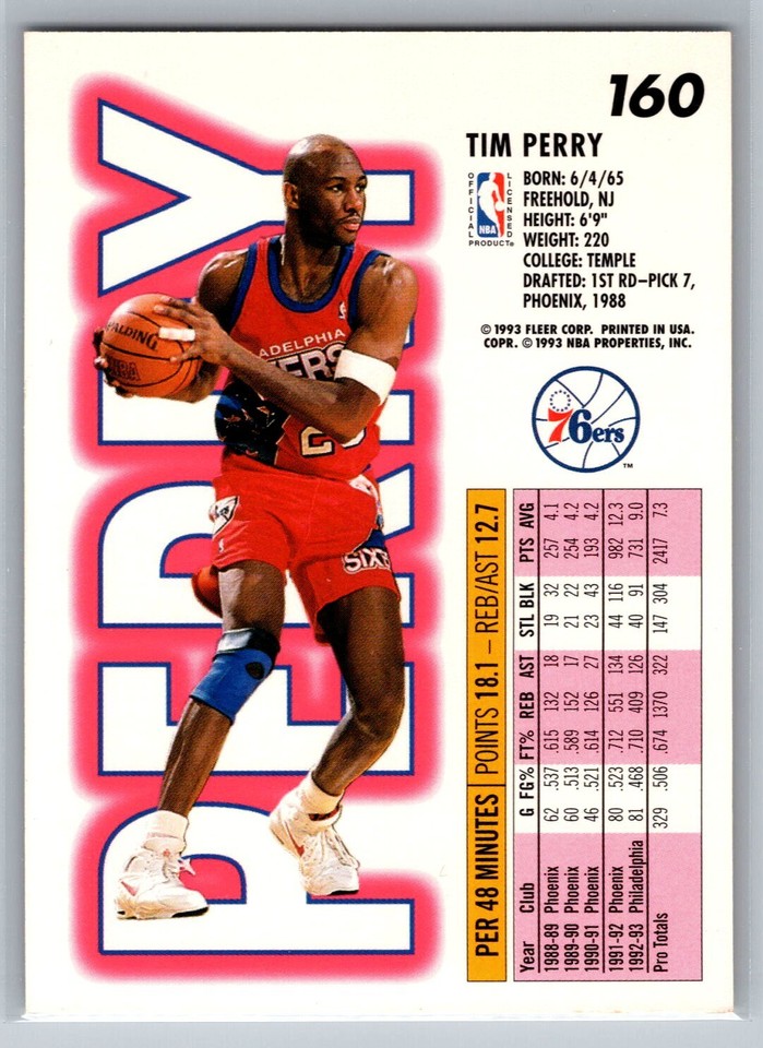 Tim Perry 1993-94 Fleer BASKETBALL #160 Philadelphia 76ers | eBay