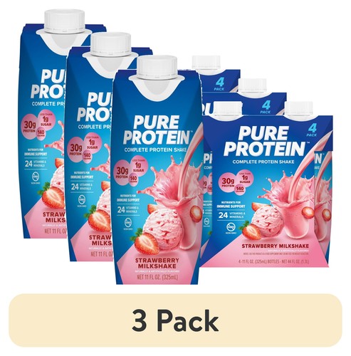 (3 pack) Pure Protein Strawberry Milkshake Complete Protein Shake, 11 ...