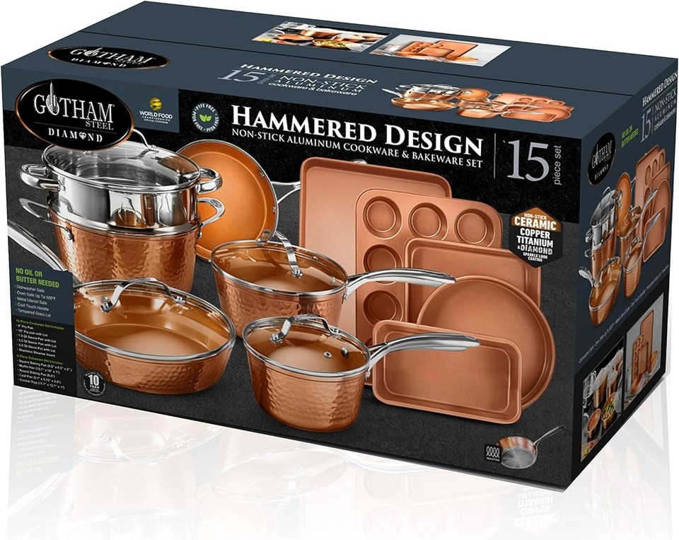 Gotham Steel 15-Piece Cookware Set - Hammered Copper (2984) 80313029844 ...