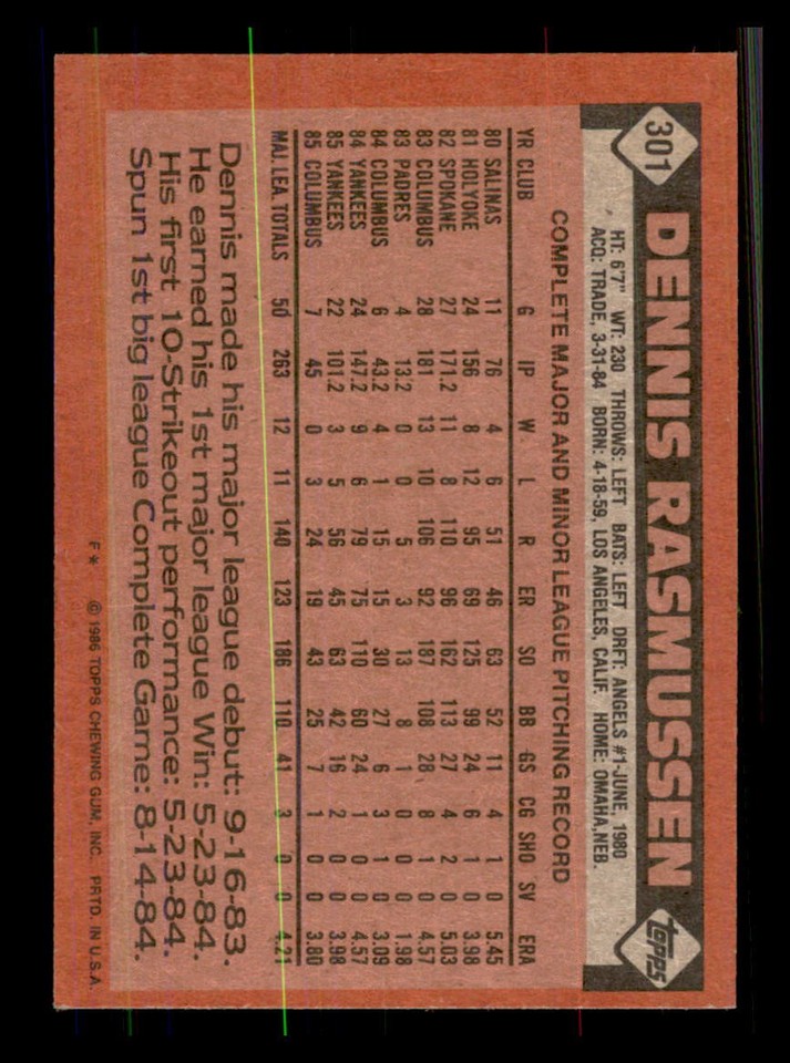 1986 BASEBALL 1986 Topps Dennis Rasmussen New York Yankees #301 1 | eBay