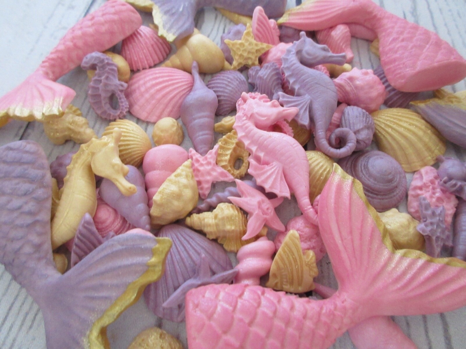 Mermaid cake topper. Fondant Seashells Mermaid Tails pink gold purple ...