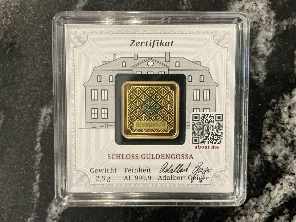 2.5 Gram 24K Gold Geiger 999.9 Bullion in Certified Assay Square Bar ...