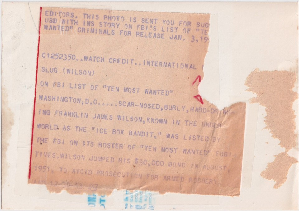 FBI 10 MOST WANTED "THE ICE BOX BANDIT" F.J.WILSON * VINTAGE 1953 ...