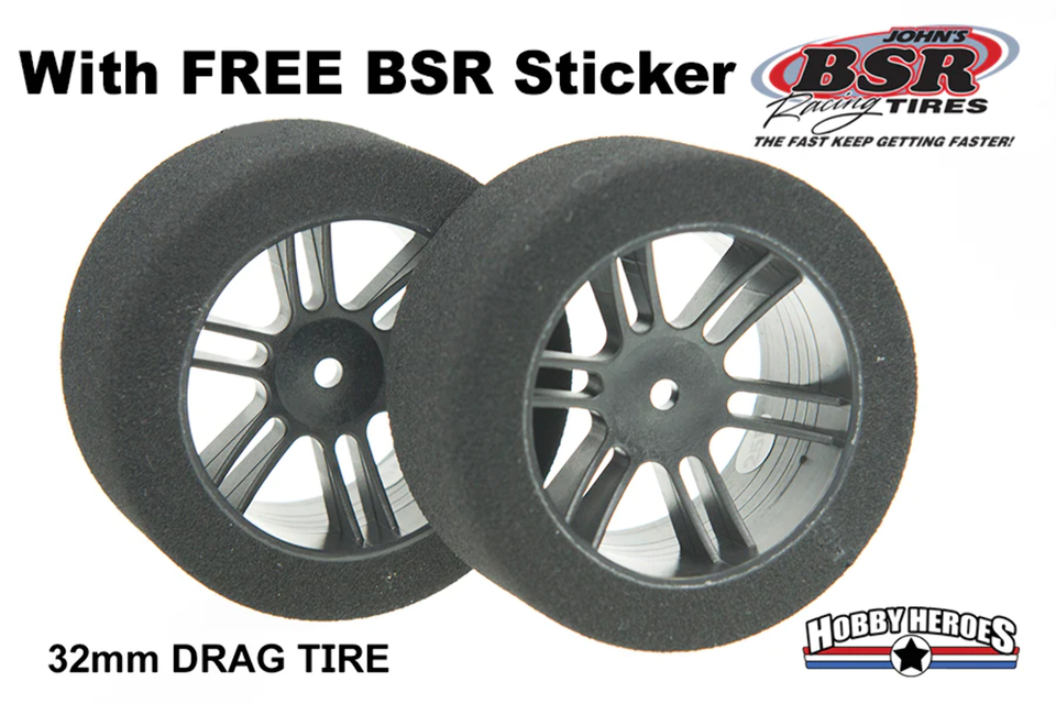 BSR Racing BSRF3225-D 1/10 Drag 25 Shore Foam Tires 32mm Black Rim (2 ...