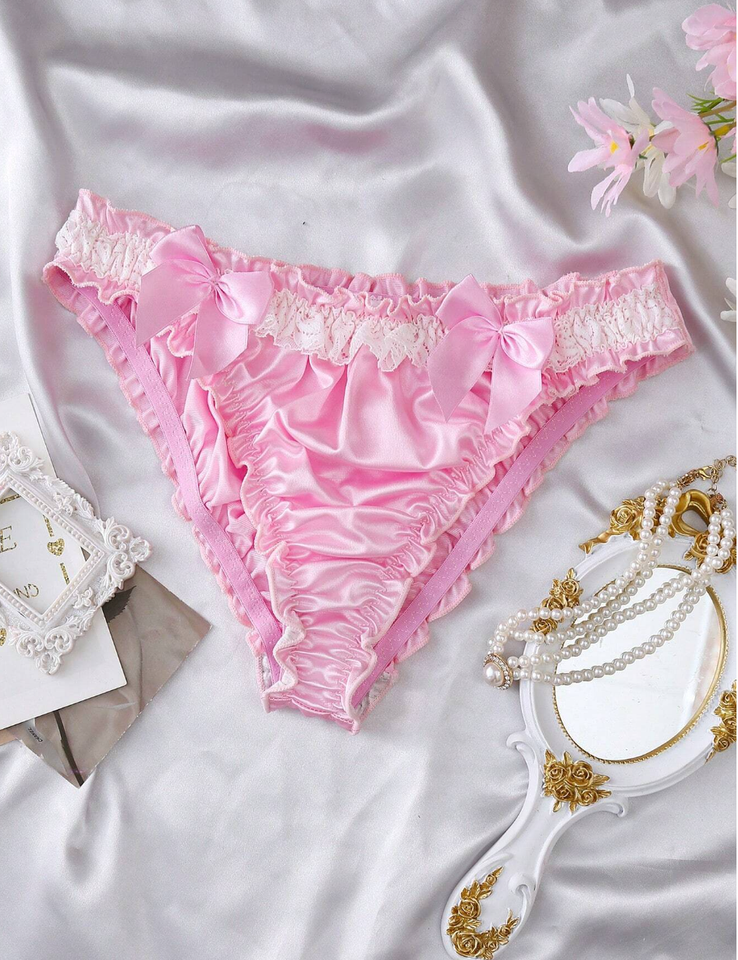 Satin Ruffle Trim Lace Bow Briefs – Soft Pink Panties XL | eBay