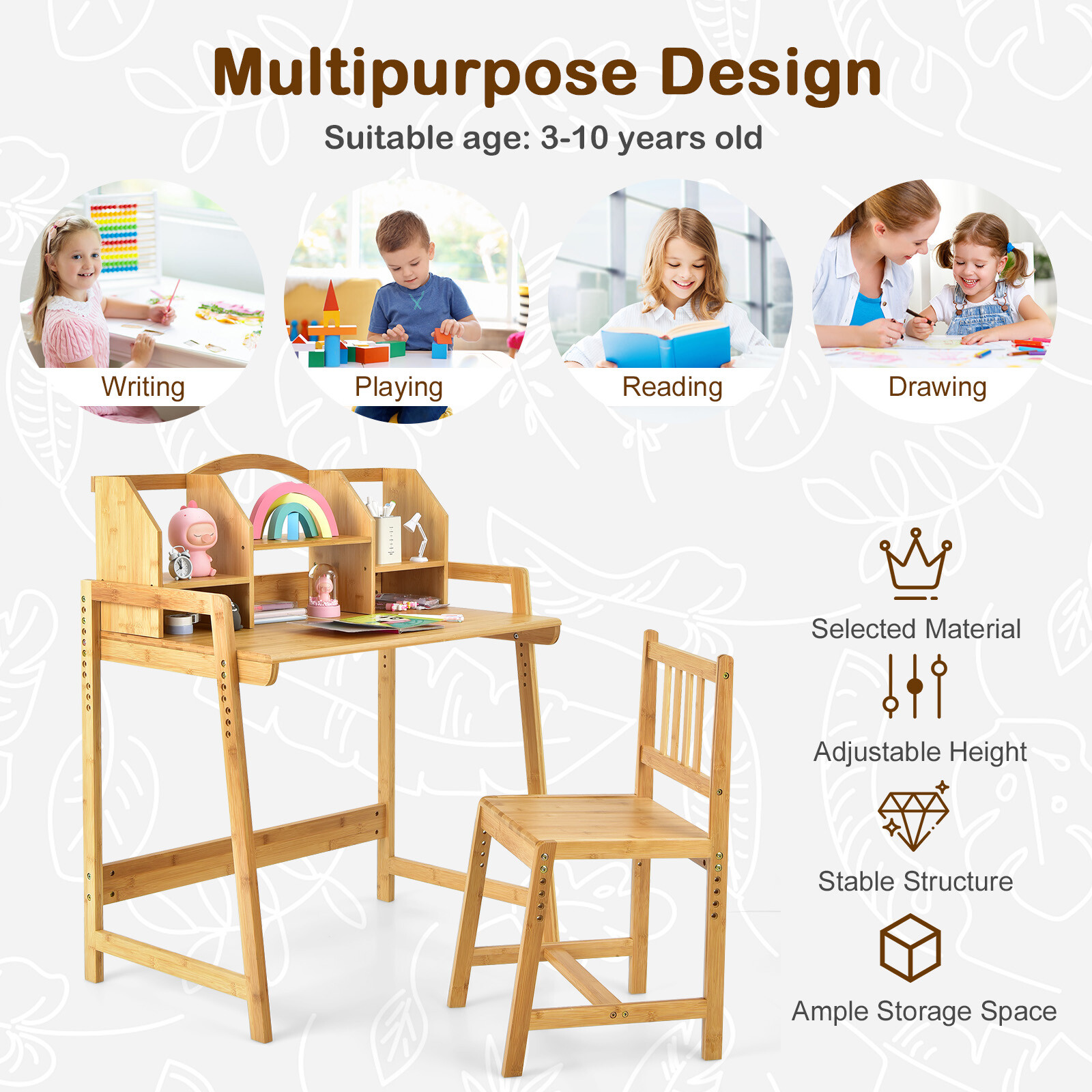 Bamboo Kids Desk and Chair Set Height Adjustable Children Activity ...
