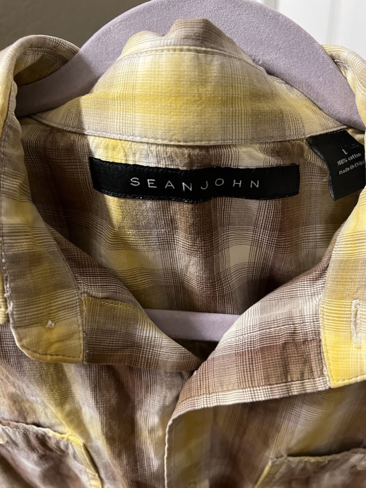 Sean John Plaid Hidden Buttons Short Sleeve Button Front Shirt Large | eBay