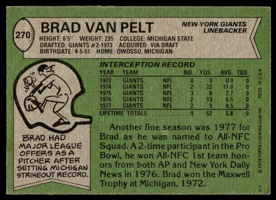 1978 TOPPS NFL Football Vintage Card #270 🏈 BRAD VAN PELT, New York ...