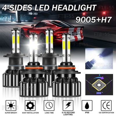 4PCS 4-Sides 9005+H7 LED Headlight Bulbs Kit 120W 32000LM 6000K High ...
