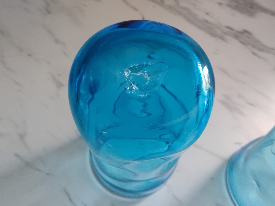 Hand Blown Glass Tumblers Blue Dimples Pontils On Bottom Height 6" Set ...
