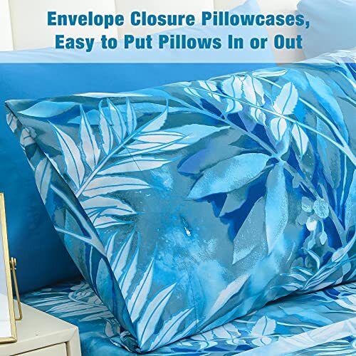 Blue Tropical Leaves Print Sheet Set King, 4 Piece Soft Botanical ...