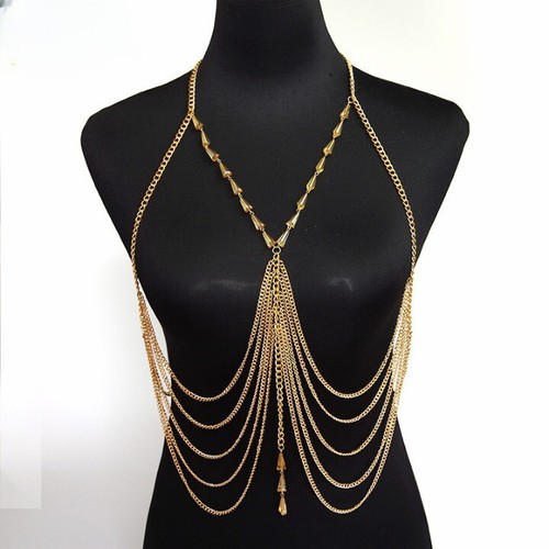 Gold Harness Multi Tassel Necklace Bikini Party Bra Chest Crossbody ...