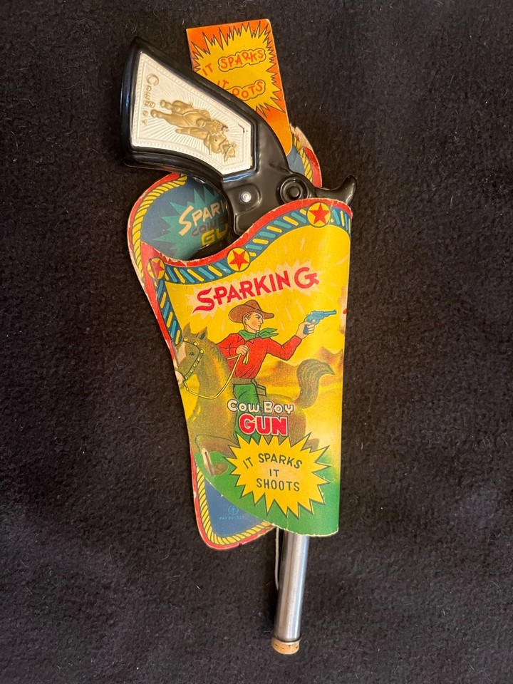 Vintage NOS TIN LITHO Cowboy Pop Cork & Sparking Gun JAPAN Western Toy ...